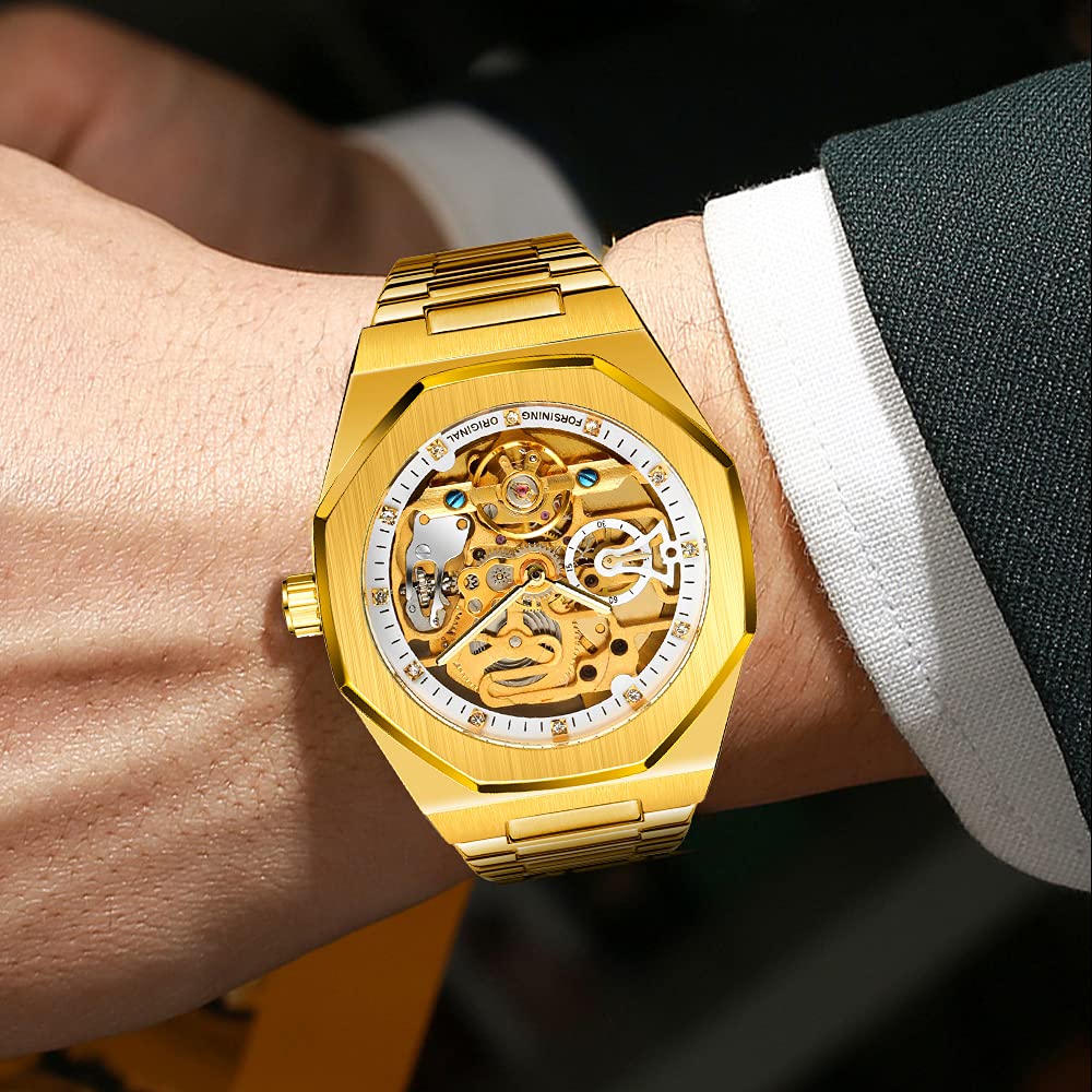 Tiong Steampunk Tourbillon Design Watch Golden Stainless Steel Waterproof Men Automatic Mechanical Wristwatch