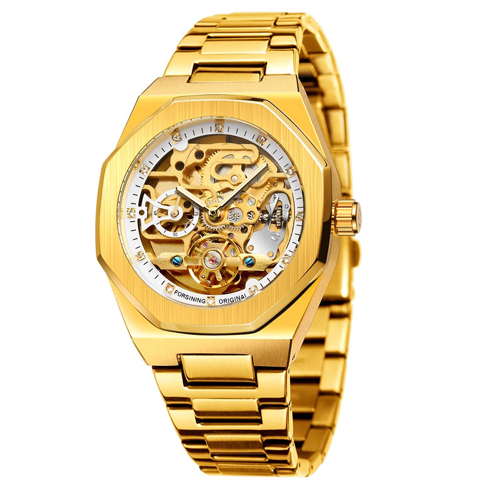 Tiong Steampunk Tourbillon Design Watch Golden Stainless Steel Waterproof Men Automatic Mechanical Wristwatch