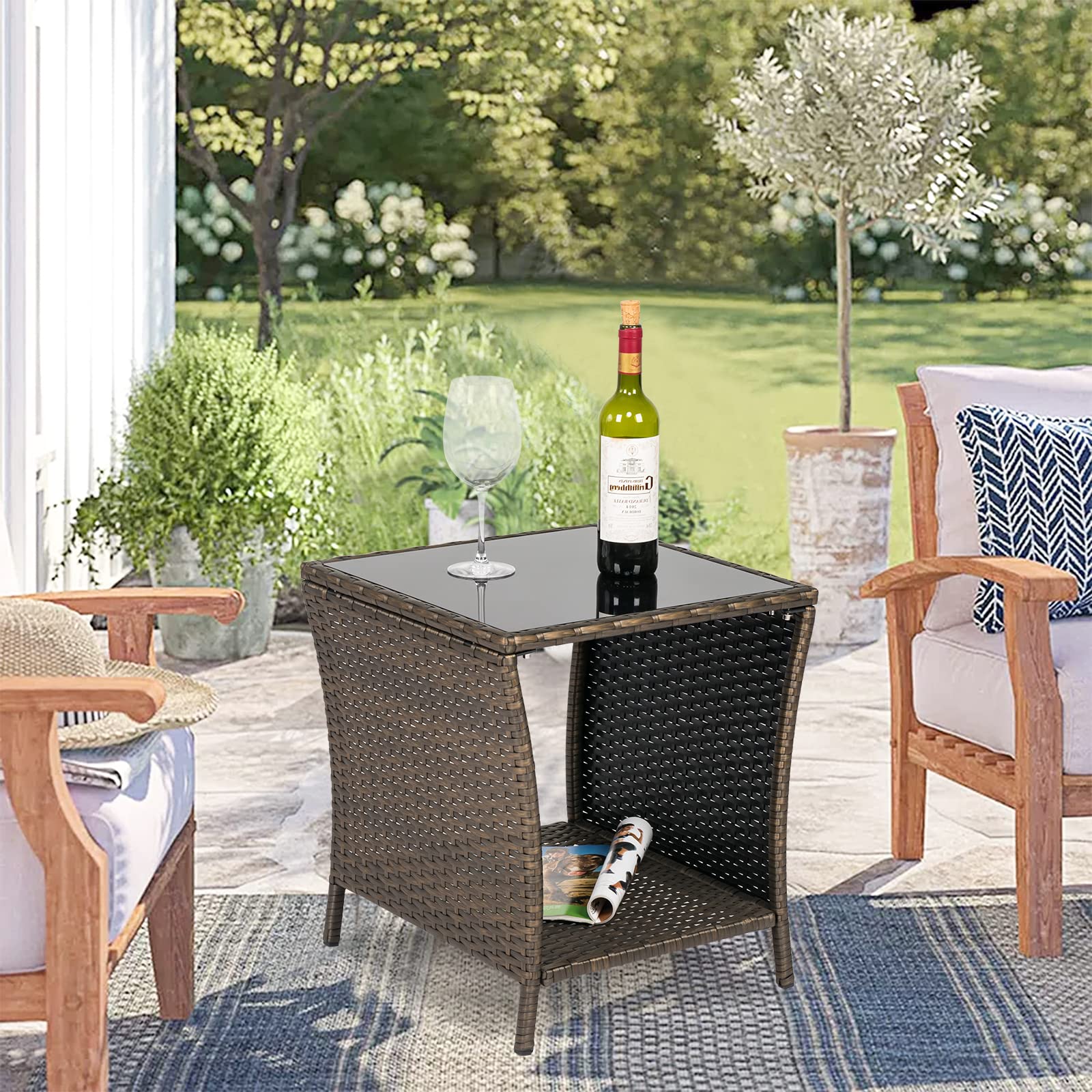 Kinsunny Outdoor Bistro Table PE Wicker Rattan Side Table Square End Table with Glass Top for Backyard Lawn Balcony, Brown