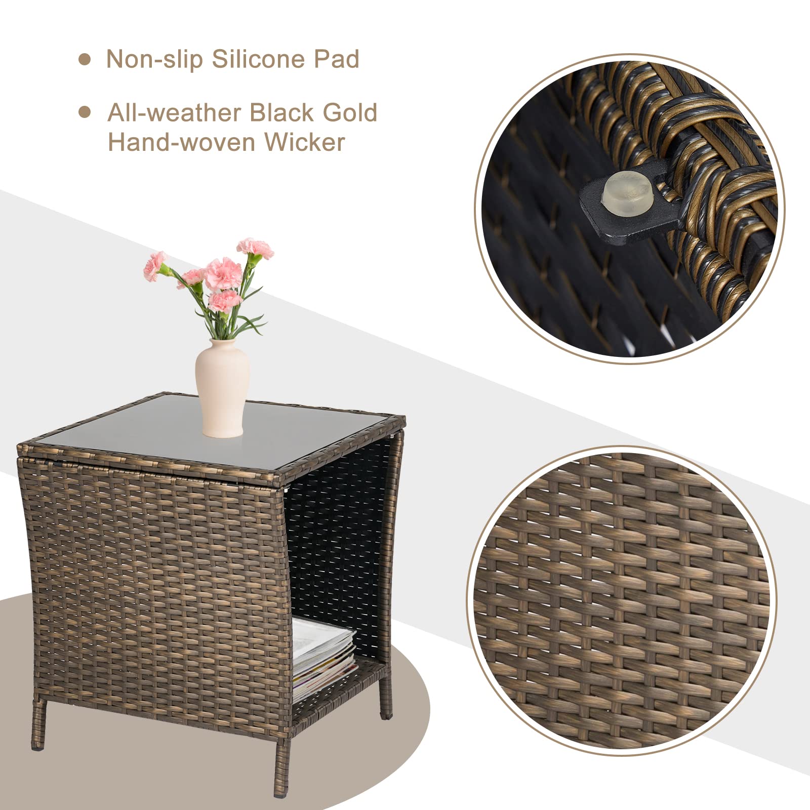 Kinsunny Outdoor Bistro Table PE Wicker Rattan Side Table Square End Table with Glass Top for Backyard Lawn Balcony, Brown