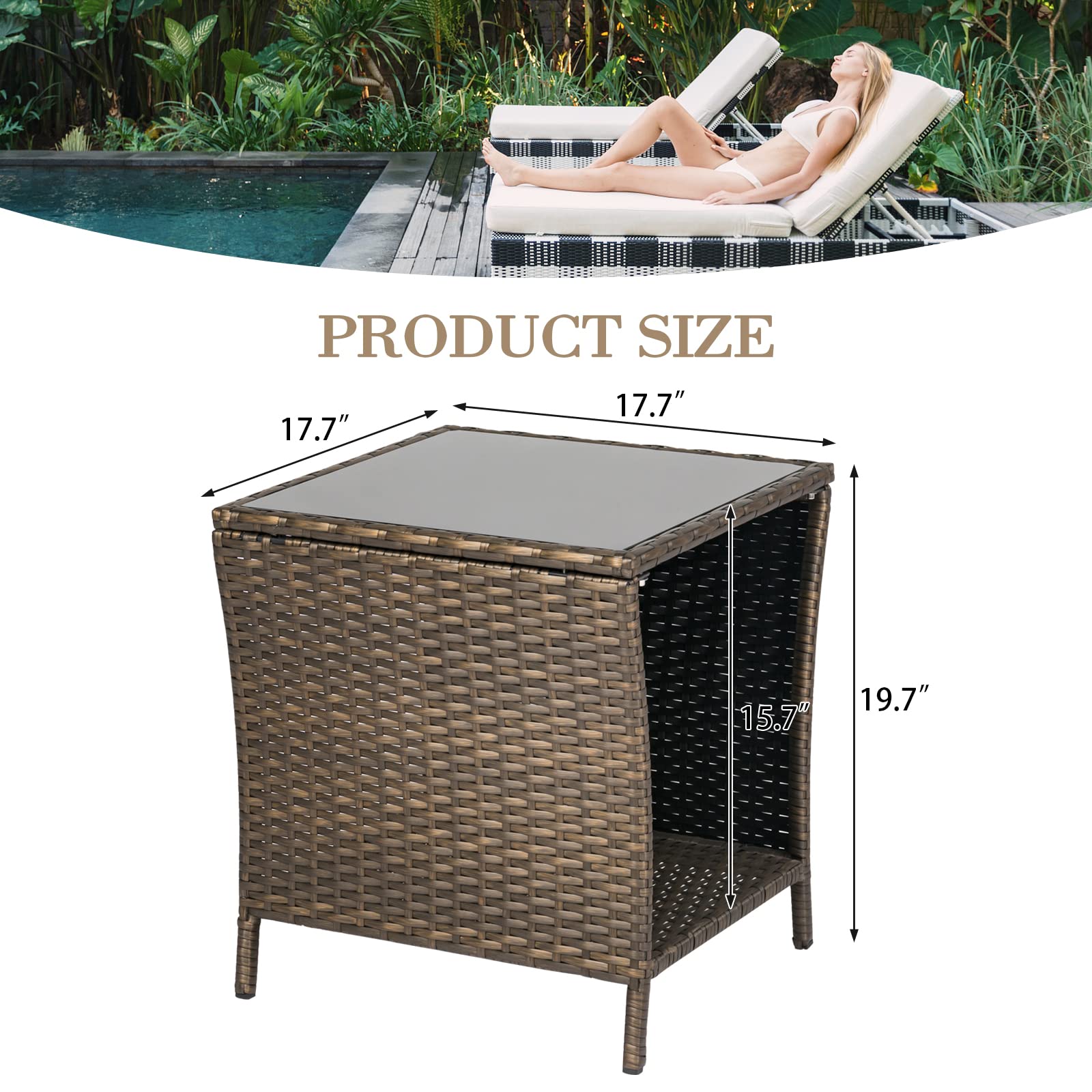 Kinsunny Outdoor Bistro Table PE Wicker Rattan Side Table Square End Table with Glass Top for Backyard Lawn Balcony, Brown