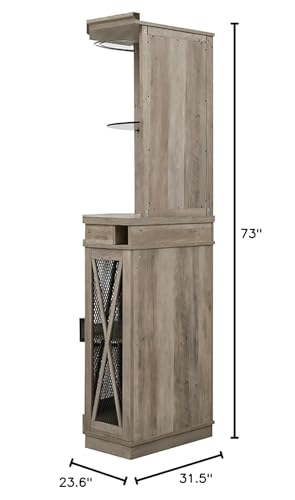 Home Source 73" Tall Corner Bar Unit Reclaimed Barnwood Wine Cabinet with Storage, Lower Mesh Doors, Upper Liquor Shelf galss Holder, for Home Bar, Living Room, Kitchen, Mini Space, Oak