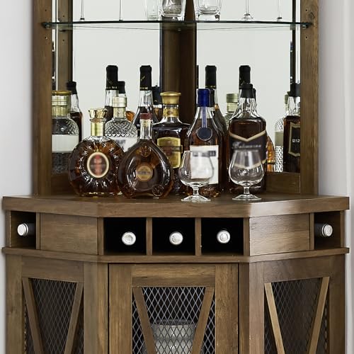 Home Source 73" Tall Corner Bar Unit Reclaimed Barnwood Wine Cabinet with Storage, Lower Mesh Doors, Upper Liquor Shelf galss Holder, for Home Bar, Living Room, Kitchen, Mini Space, Oak