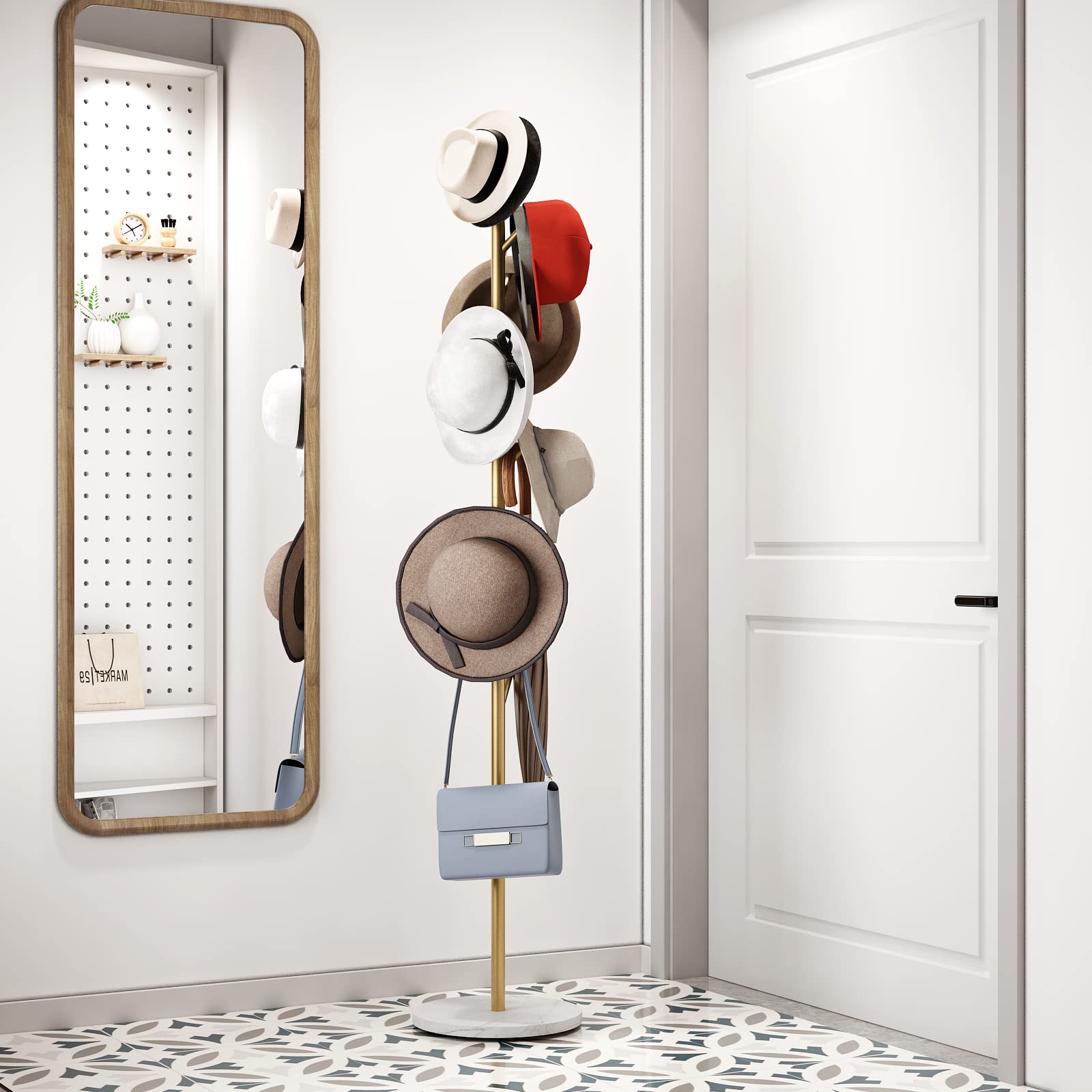 TIEOU Free-standing Coat Rack Gold, Hat Hanger Hall Tree, Metal Coat Hangers for Scarves, Backpacks, Umbrellas, Purses, Simple Coat Stand, Stylish Coat Tree with Stable Round Marble Base, 8 Coat Hooks