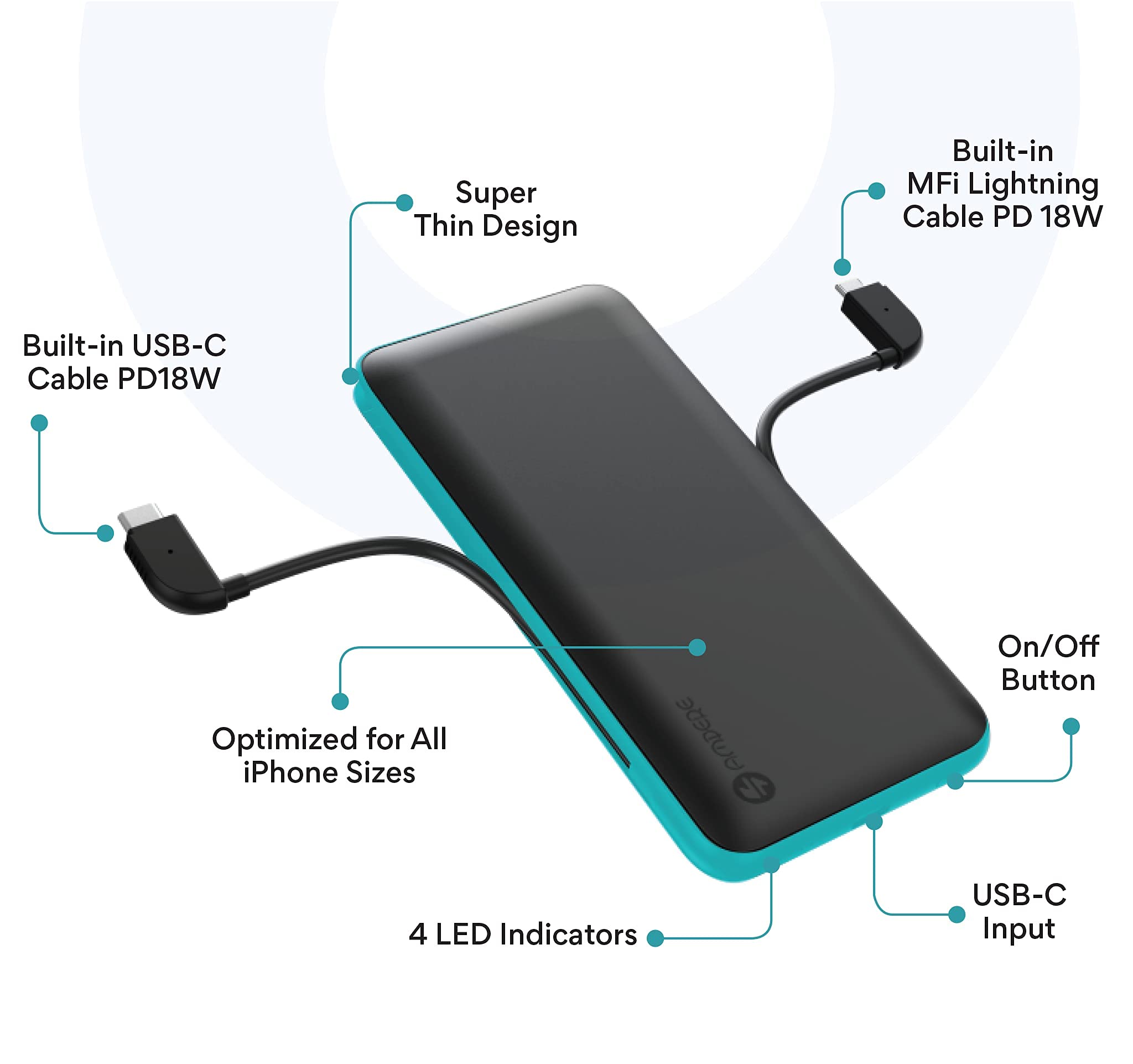 Ampere Really Good Power Bank - 10000mAh Portable Travel Phone Charger with Built-in Lightning Cable [MFi Certified] & Built-in USB-C Cable for iPhone, iPad & AirPods (Black/Teal)