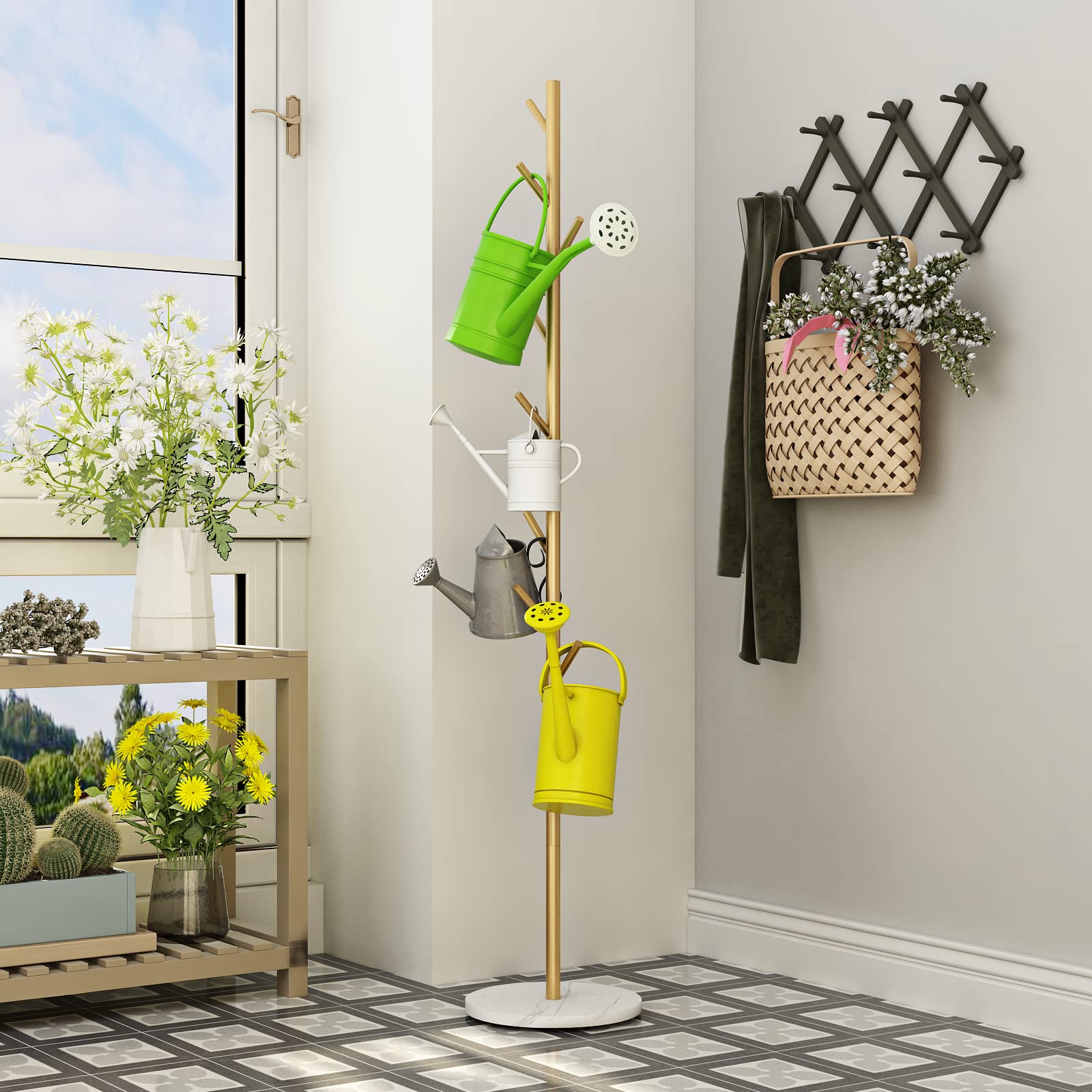 TIEOU Free-standing Coat Rack Gold, Hat Hanger Hall Tree, Metal Coat Hangers for Scarves, Backpacks, Umbrellas, Purses, Simple Coat Stand, Stylish Coat Tree with Stable Round Marble Base, 8 Coat Hooks