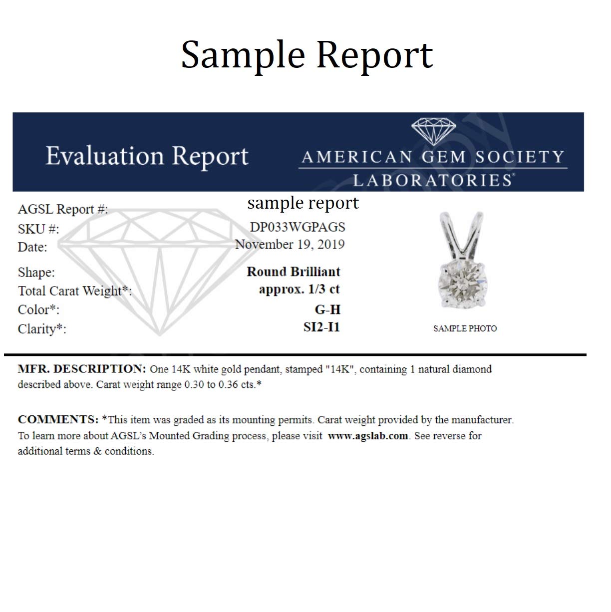 AGS Certified 1/3ct Natural Diamond Solitaire Pendant Necklace in 14K White Gold on an 18in. Box Chain |SI2-I1 Clarity G-H Color