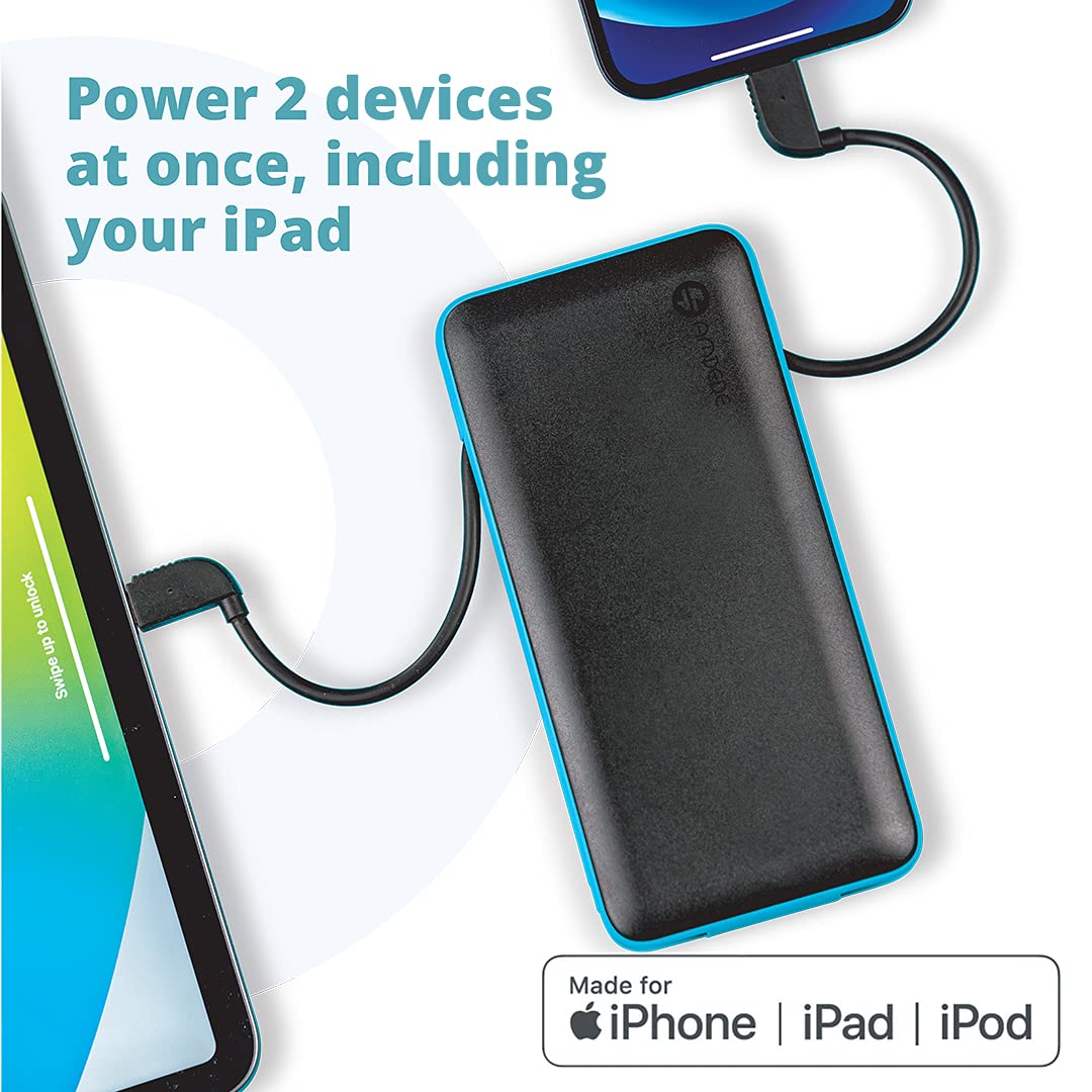 Ampere Really Good Power Bank - 10000mAh Portable Travel Phone Charger with Built-in Lightning Cable [MFi Certified] & Built-in USB-C Cable for iPhone, iPad & AirPods (Black/Teal)