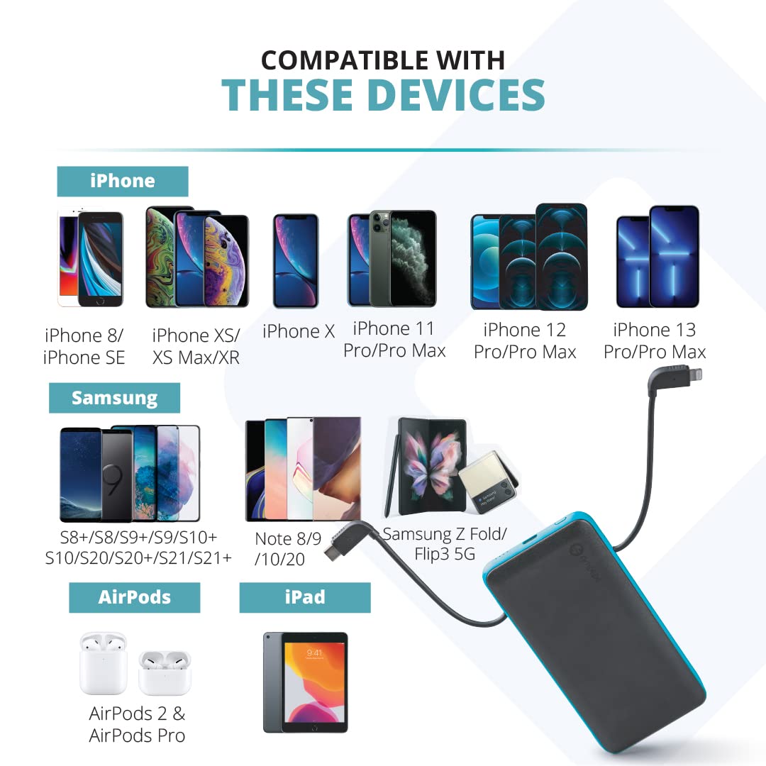 Ampere Really Good Power Bank - 10000mAh Portable Travel Phone Charger with Built-in Lightning Cable [MFi Certified] & Built-in USB-C Cable for iPhone, iPad & AirPods (Black/Teal)