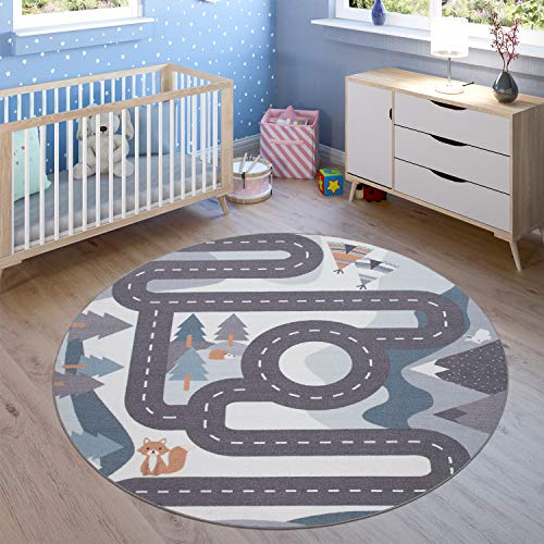 Kids Rug Play Mat Mountain Road with Bears & Trees for Playroom in Blue , Size: 2'8" x 4'11"