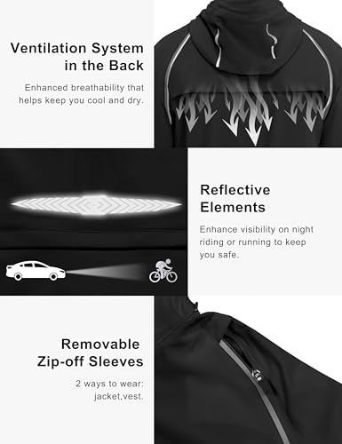 Little Donkey Andy Men's Quick-Dry Running Jacket UPF 50+ Cycling Jacket with Detachable Sleeves and Hood, Water Repellent, Black Size L