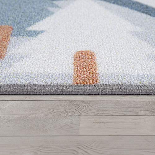 Kids Rug Play Mat Mountain Road with Bears & Trees for Playroom in Blue , Size: 2'8" x 4'11"