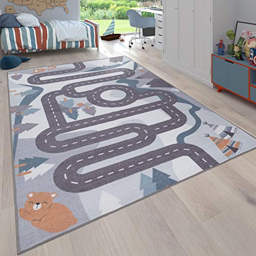 Kids Rug Play Mat Mountain Road with Bears & Trees for Playroom in Blue , Size: 2'8" x 4'11"