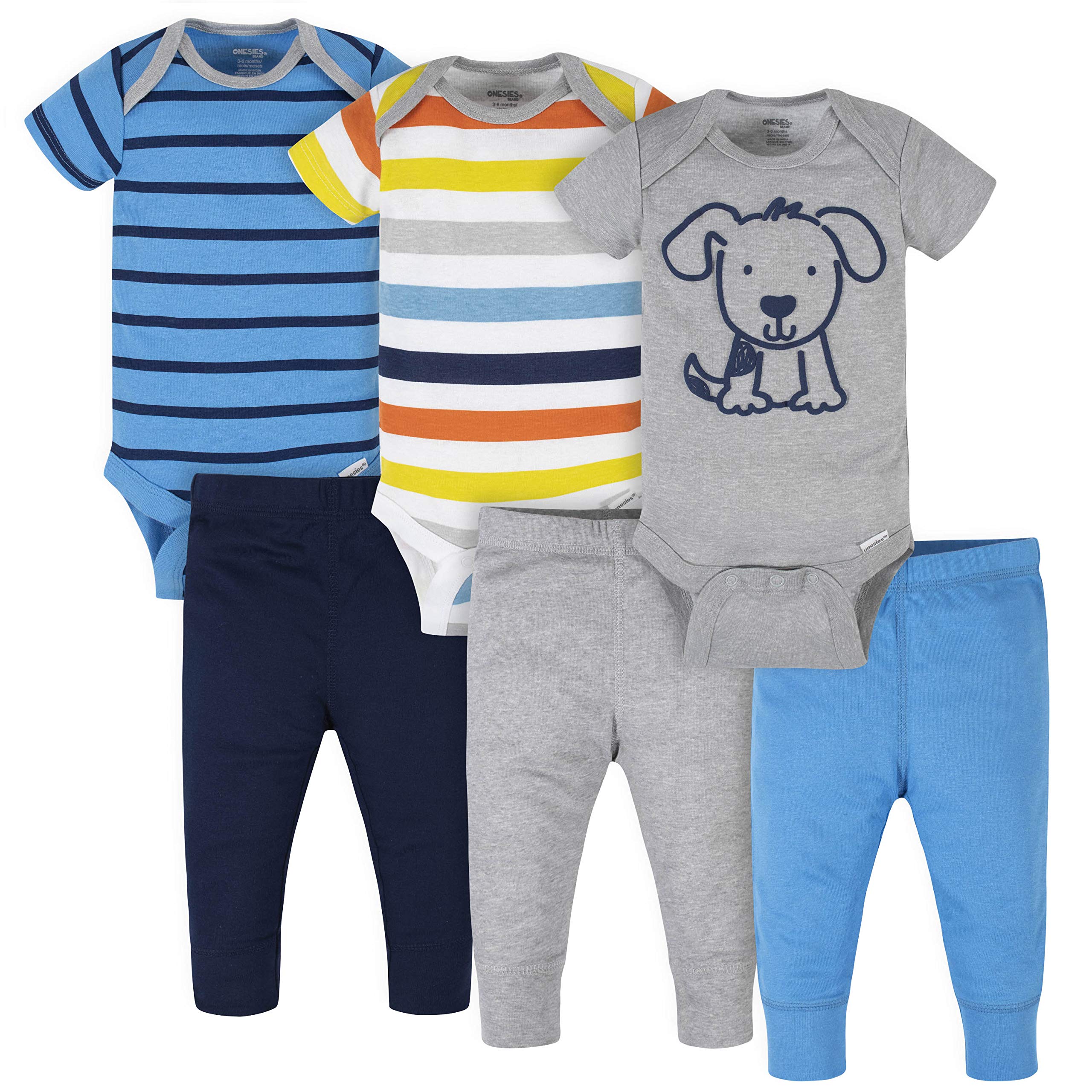 Onesies Brand Unisex Baby 3 Onesies 3 Pants Outfit Bundle Mix n Match Newborn to 12M, Blue Dog Stripe, 3-6 Months