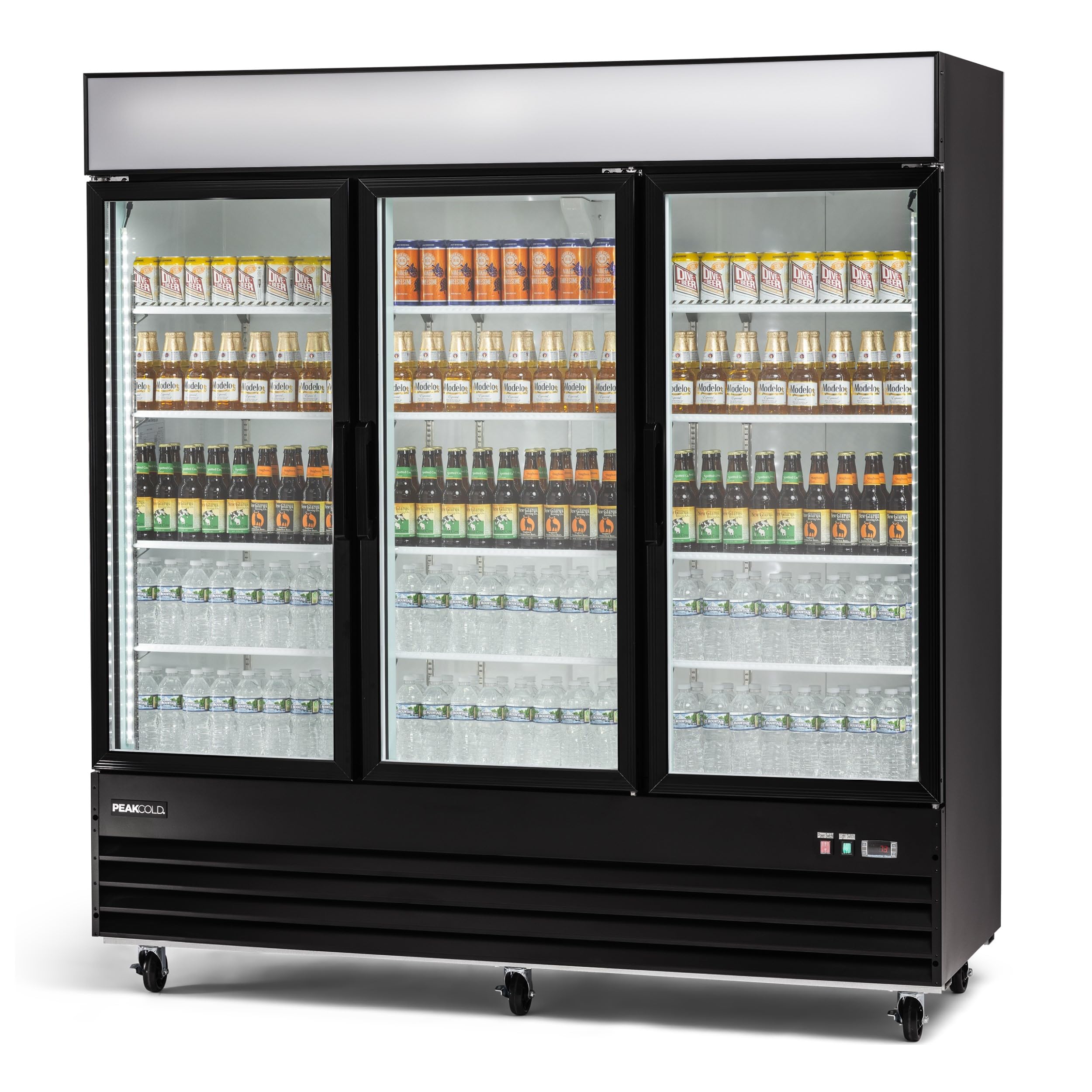PEAKCOLD Commercial Upright Display Cooler - Merchandiser Refrigerator with Three Glass Doors and LED Lighting, 57.5 Cu Ft Capacity, Adjustable Shelves, Perfect for Restaurants, Cafes, and Bars