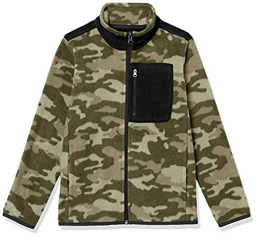 Amazon Essentials Boys' Polar Fleece Full-Zip Mock Jacket - Discontinued Colors, Black Olive Color Block, Medium