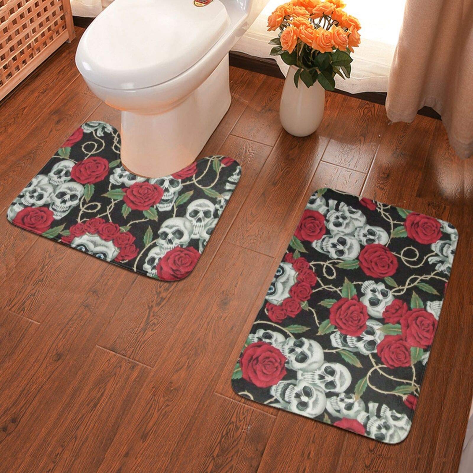 SWEET TANG Super Soft Bathroom Toilet Rug Set 2 Piece, High-Density Foam Contour Bath Mats Intage Red Rose Skull - Non Slip Absorbent Bathroom Mat & U Shaped Toilet Floor Rug