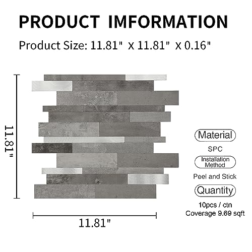 COLAMO Luxury 10 Sheet Peel and Stick Cement Gray Silver Aluminum Metal Mix Tile, Adhesive Faux Stone Tile for RV,Kitchen Sink Backsplash,Bathroom,Accent Wall, Self Stick On Wall Tile (Concrete Look)