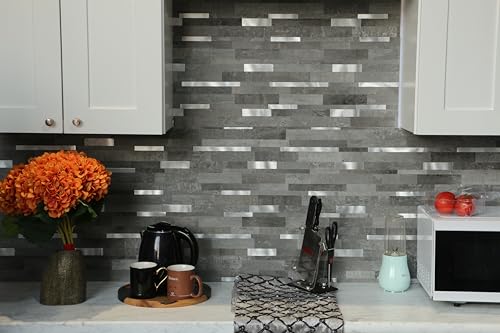 COLAMO Luxury 10 Sheet Peel and Stick Cement Gray Silver Aluminum Metal Mix Tile, Adhesive Faux Stone Tile for RV,Kitchen Sink Backsplash,Bathroom,Accent Wall, Self Stick On Wall Tile (Concrete Look)