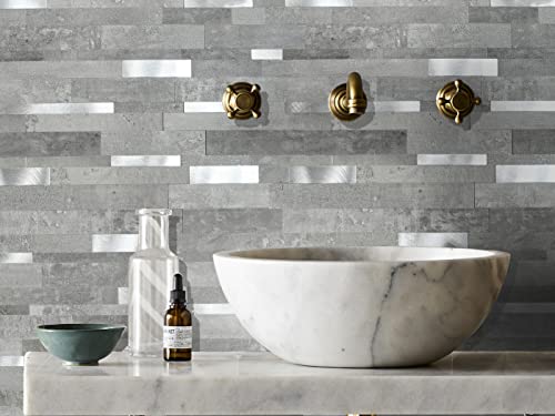 COLAMO Luxury 10 Sheet Peel and Stick Cement Gray Silver Aluminum Metal Mix Tile, Adhesive Faux Stone Tile for RV,Kitchen Sink Backsplash,Bathroom,Accent Wall, Self Stick On Wall Tile (Concrete Look)