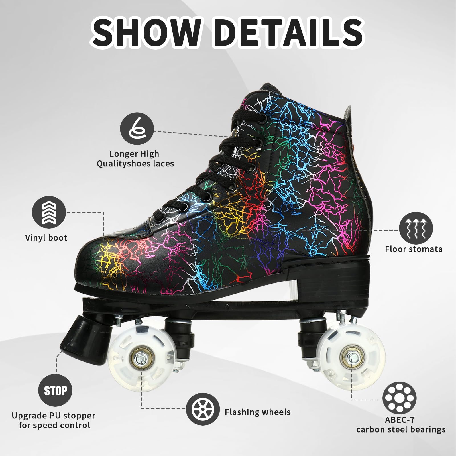 Women's Roller Skates Light Up Wheels, Leather Adjustable Double Row Roller Skates Illuminating Derby Skates Illuminating for Teens and Youth (Lightning Black Flash Wheel,8.5)