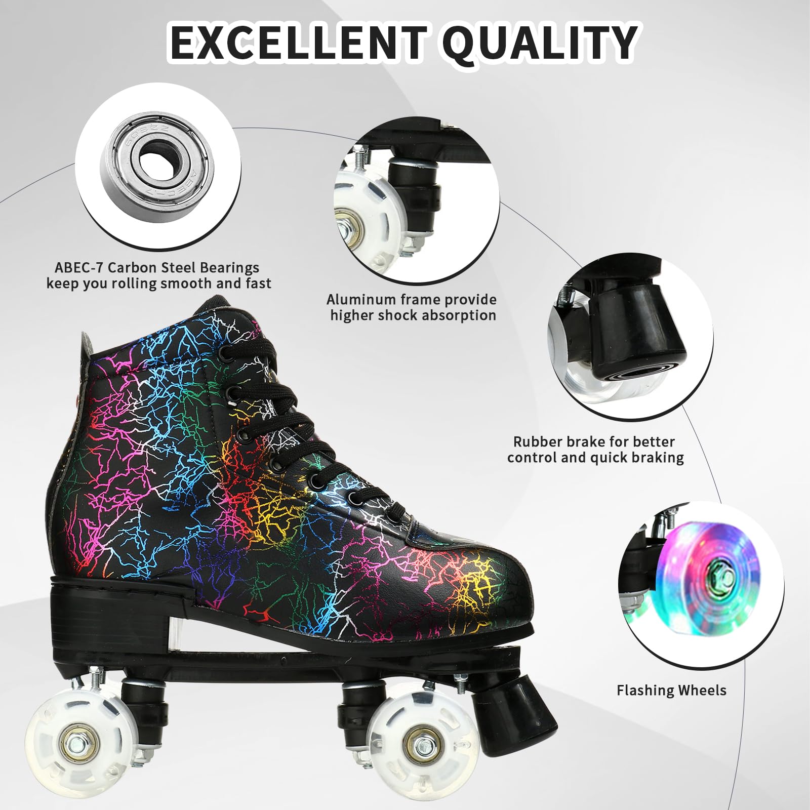 Women's Roller Skates Light Up Wheels, Leather Adjustable Double Row Roller Skates Illuminating Derby Skates Illuminating for Teens and Youth (Lightning Black Flash Wheel,8.5)
