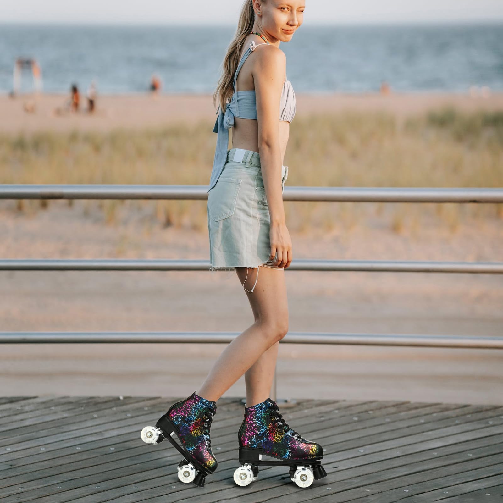 Women's Roller Skates Light Up Wheels, Leather Adjustable Double Row Roller Skates Illuminating Derby Skates Illuminating for Teens and Youth (Lightning Black Flash Wheel,8.5)