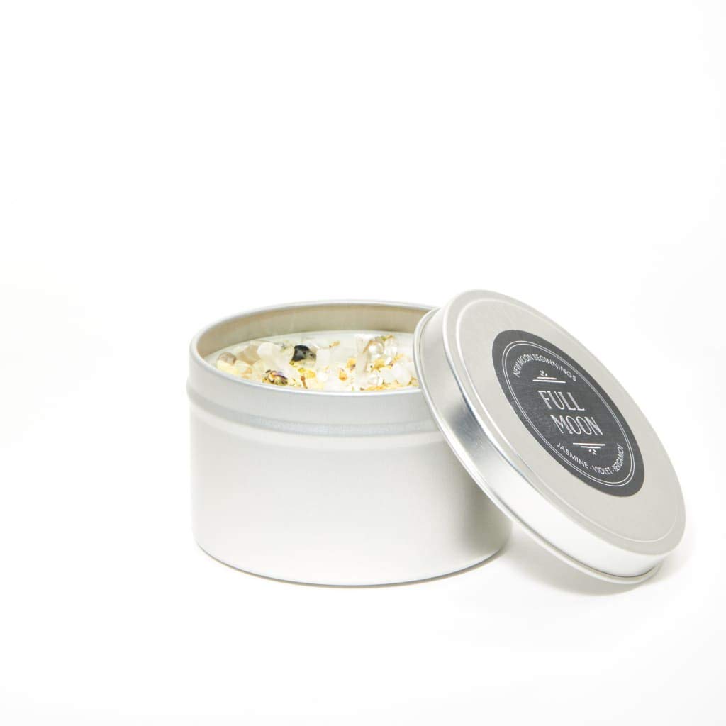 Full Moon® Candle by New Moon Beginnings - Purification & Cleansing Candle - Dried Flower, Herb, & Crystal Candles - Aromatherapy Candles - Soy Candle - 8oz Tin