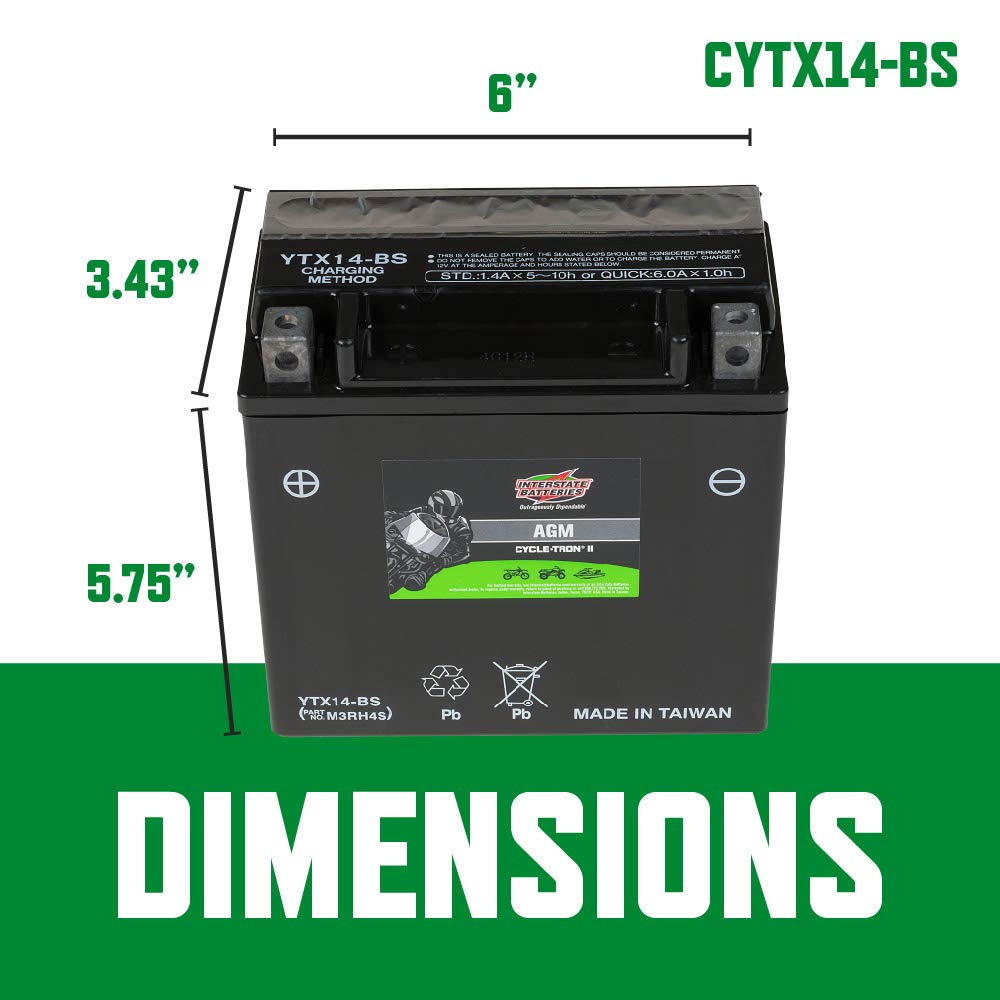 Interstate Batteries YTX14-BS 12V 12Ah Powersports Battery 200CCA AGM Rechargeable Replacement for Motorcycles, ATVs, UTVs, Scooters, Snowmobiles (CITX14-BS)