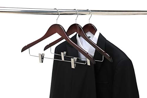 Quality Wooden Skirt Hangers with Clips Smooth Solid Wood Pants Hangers with Durable Adjustable Metal Clips, Swivel Hook, Coat, Jacket, Blouse Suit Hangers (Mahogany, 10)