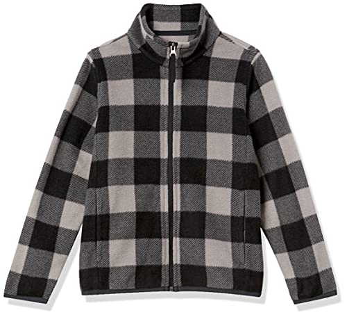 Amazon Essentials Boys' Polar Fleece Full-Zip Mock Jacket - Discontinued Colors, Black Grey Buffalo Check, Small