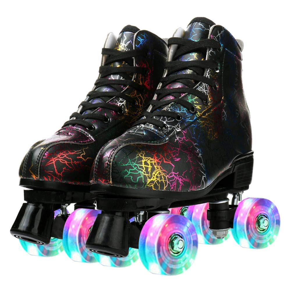 Women's Roller Skates Light Up Wheels, Leather Adjustable Double Row Roller Skates Illuminating Derby Skates Illuminating for Teens and Youth (Lightning Black Flash Wheel,8.5)