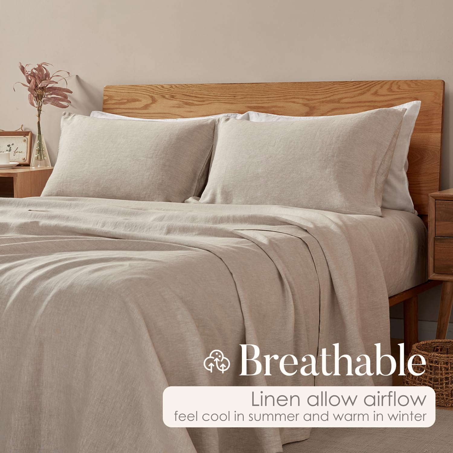 DAPU 100% Linen Pillowcases 20x30 Inches Pillow Cases (Pack of 2) with Envelope Closure, Stone Washed Breathable and Cooling (Natural Linen, Queen)