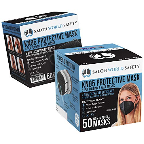 Salon World Safety Black KN95 Protective Masks, Box of 50 - Filter Efficiency ≥95%, 5-Layers, Sanitary 5-Ply Non-Woven Fabric