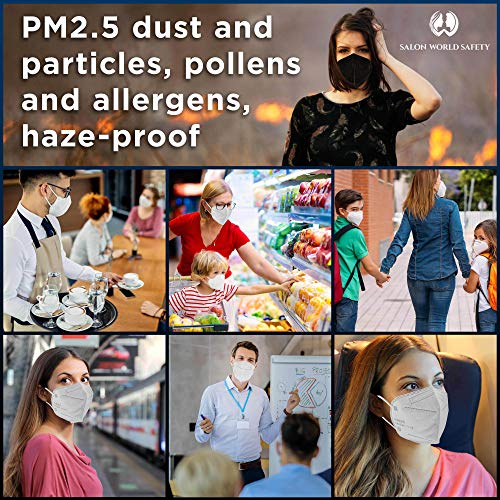 Salon World Safety Black KN95 Protective Masks, Box of 50 - Filter Efficiency ≥95%, 5-Layers, Sanitary 5-Ply Non-Woven Fabric