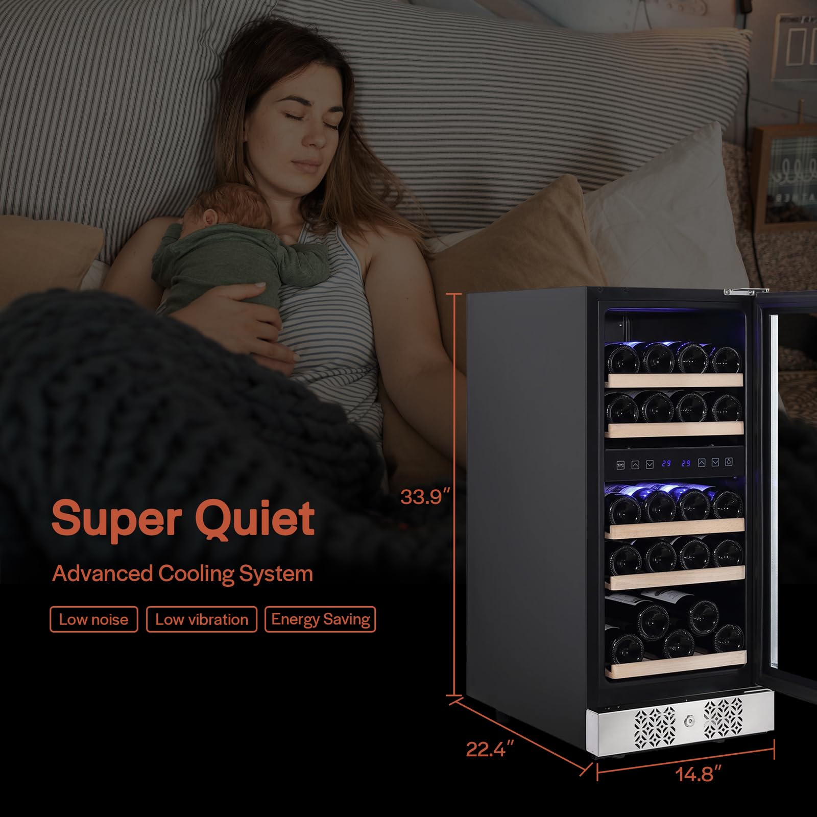 Empava Chiller 15 inch Mini Double Fridge Built in or Freestanding Wine Cooler Stainless Steel Glass Door Quiet Operation Compressor Adjust Temperature, 29 Bottles Dual Zone, Silver