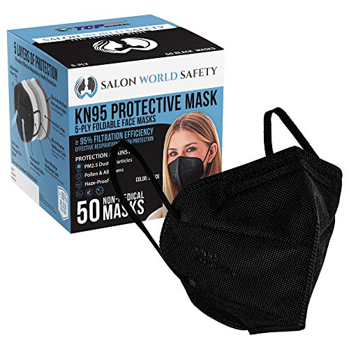 Salon World Safety Black KN95 Protective Masks, Box of 50 - Filter Efficiency ≥95%, 5-Layers, Sanitary 5-Ply Non-Woven Fabric