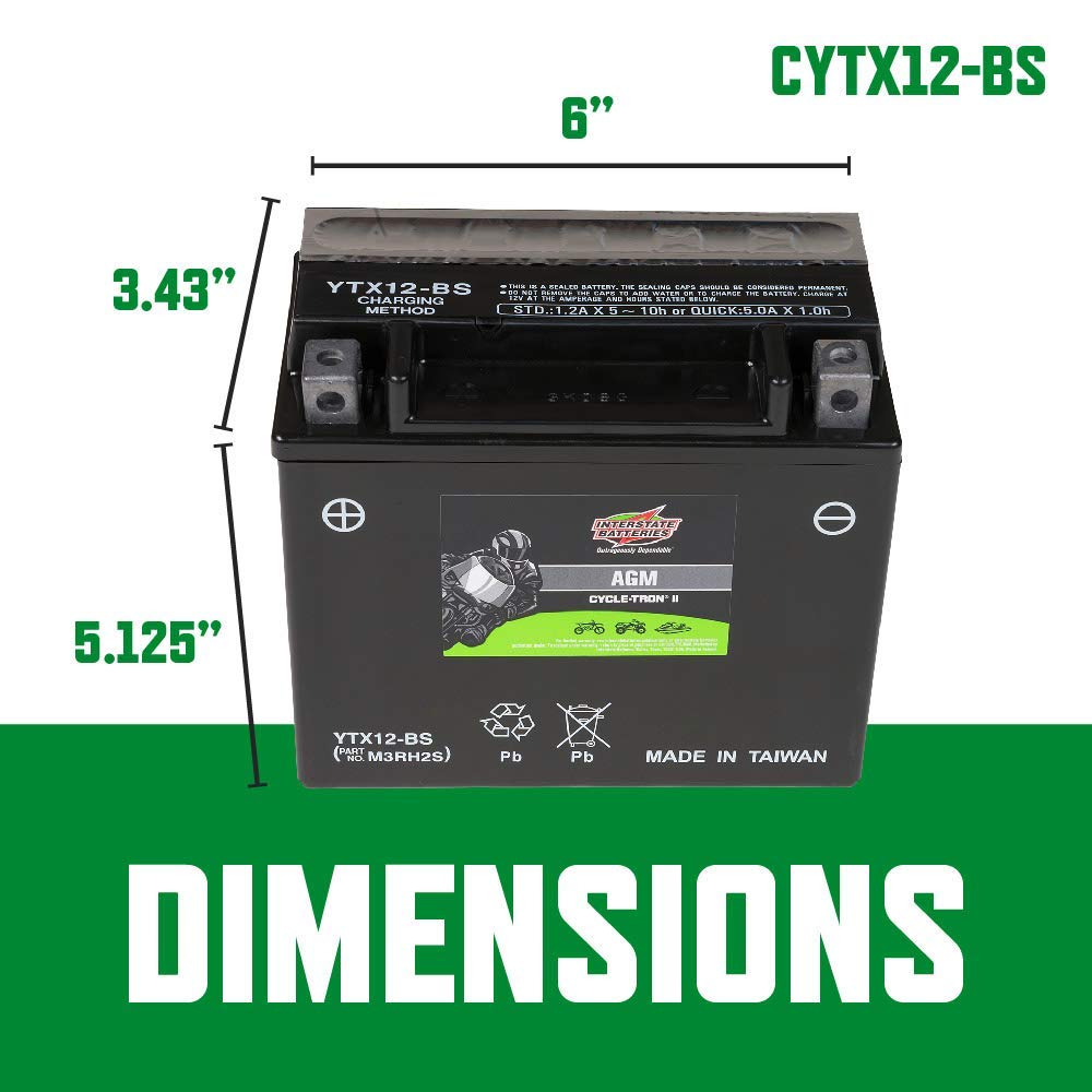 Interstate Batteries YTX12-BS 12V 10Ah Powersports Battery 180CCA AGM Rechargeable Replacement for Honda, Kawasaki, Suzuki Motorcycles, Scooters, Bikes, ATVs, UTVs (CITX12-BS)