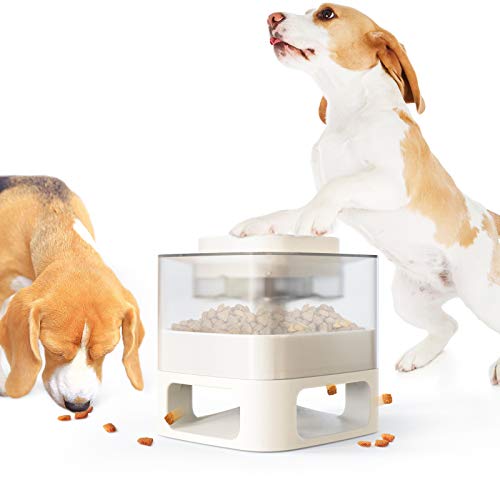ANROD Dog Food Dispenser Container Toy with Button,Feeder Treat Dispensing Dogs Toys to Slow Eating for Indoor Small/Large Breed IQ Pet Interactive Playing (White)