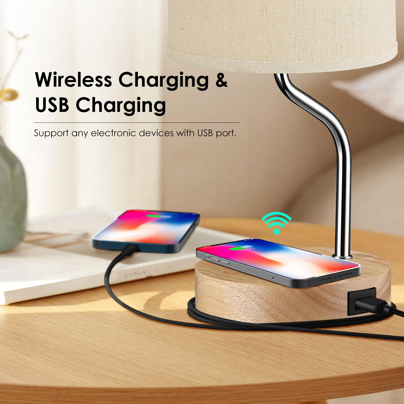 Bedside Table Lamp with Wireless Charger & USB Port - Touch Control LED Desk Lamp for Bedroom, 3-Way Dimmable Wooden Nightstand Lamp with Fabric Shade for Living Room, Kid's Room, Dorm, or Office