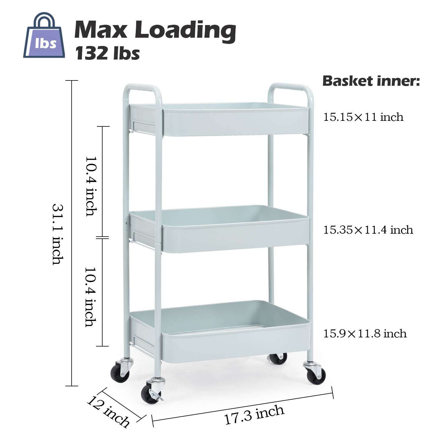 TOOLF 3-Tier Rolling Cart, Easy Assembly Metal Utility Cart with Lockable Wheels, Storage Craft Art Cart Trolley Organizer Serving Cart for Office, Bathroom, Kitchen, Kids' Room, Green