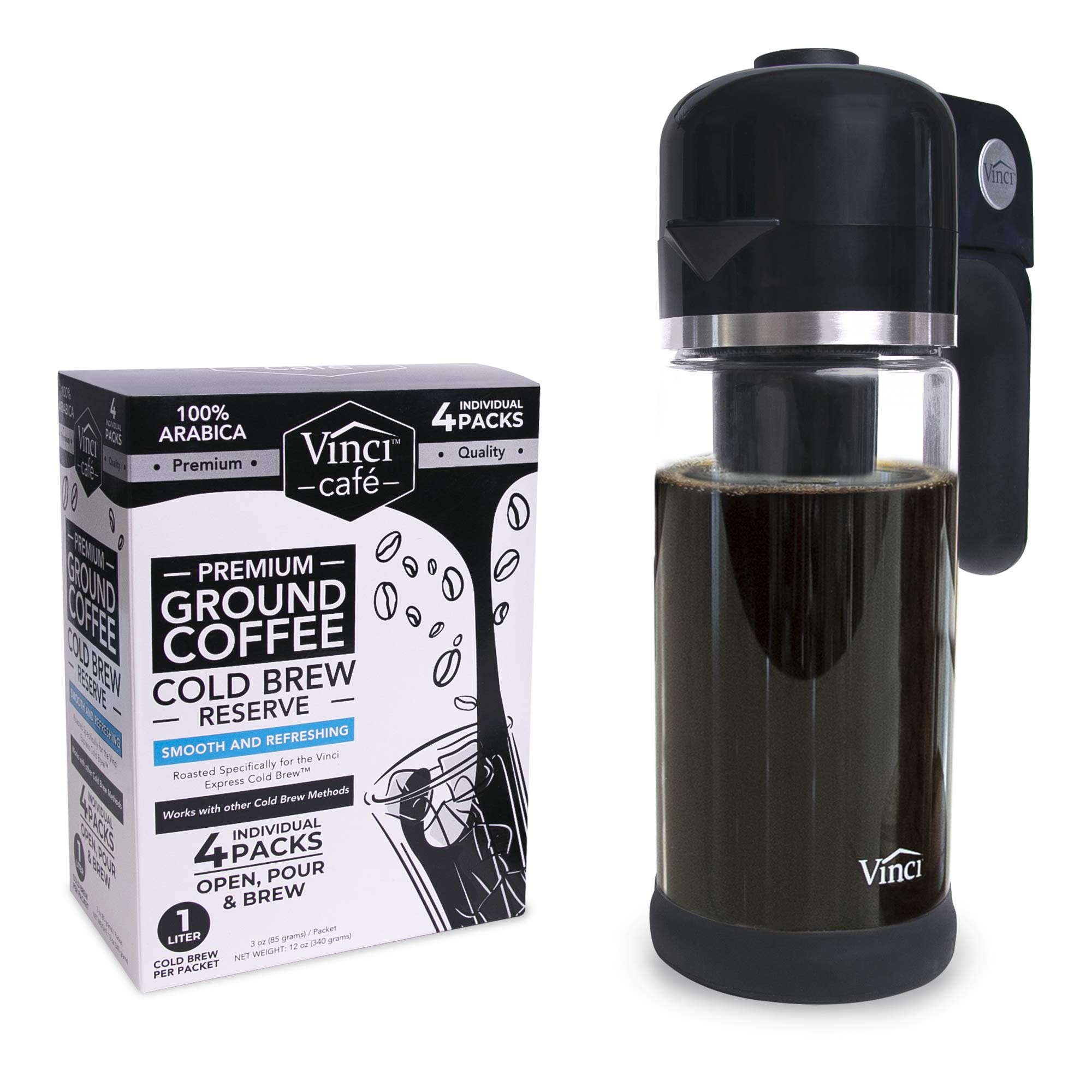Vinci Cafe Cold Brew Reserve Premium Ground Coffee Smooth and Refreshing, Made with 100% Arabica Coffee, Portion Sized, 3 Oz Bag, 4-Count