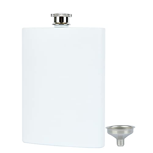 FYL Hip Flask for Liquor Matte White 8oz 18/8 Stainless Steel Leakproof with Funnel, Never-Lose Cap Gift Flask