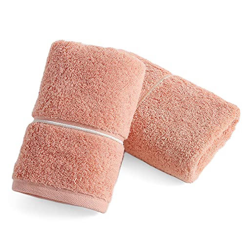 YiLUOMO Hand Towel Set of 2 Soft 100% Cotton Towels Gold Line Embroidered Design Absorbent Terry Bath Hand Towels for Bathroom Decorative Hotel, Gym, Pool 13x 29 Inch (Coral)