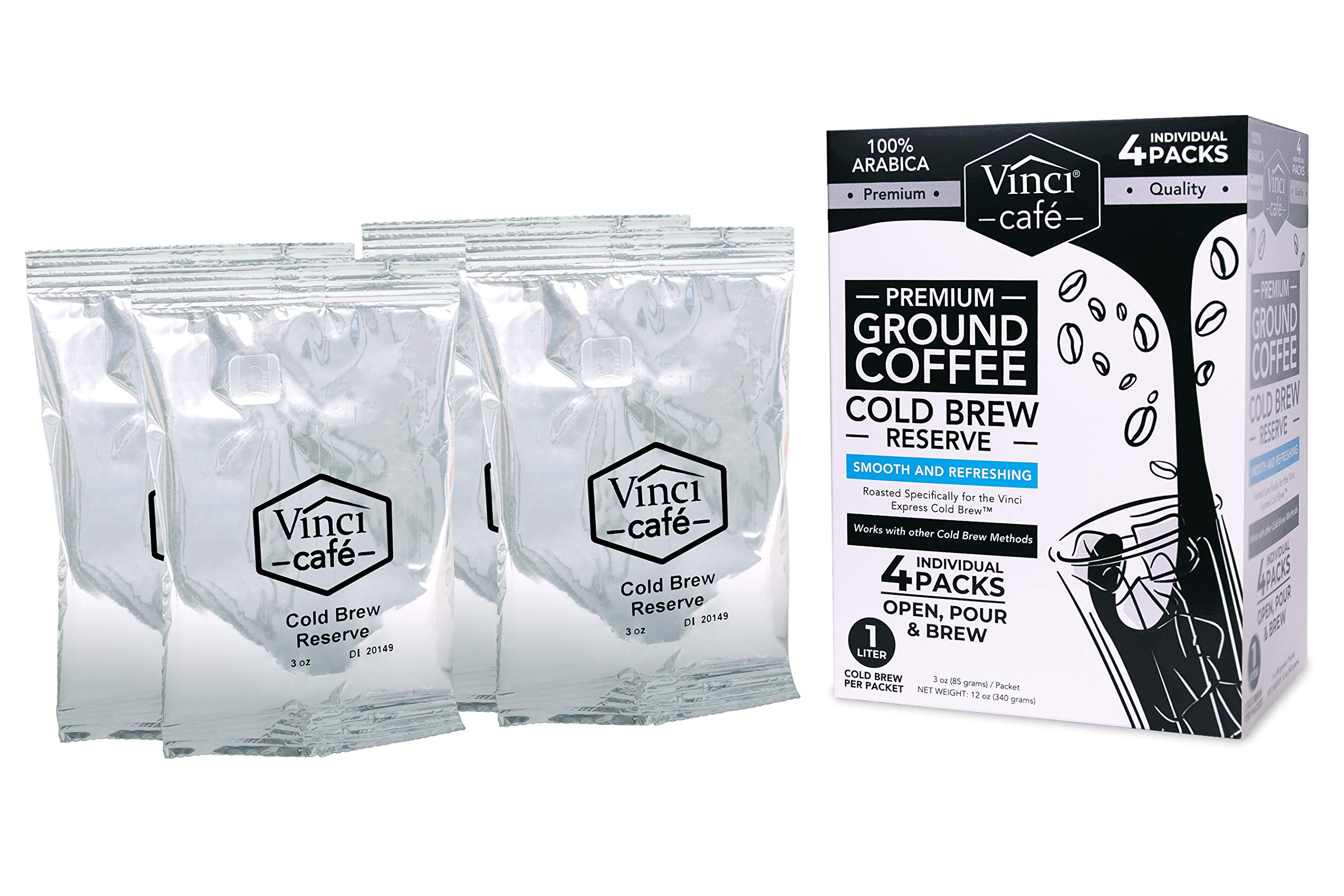 Vinci Cafe Cold Brew Reserve Premium Ground Coffee Smooth and Refreshing, Made with 100% Arabica Coffee, Portion Sized, 3 Oz Bag, 4-Count