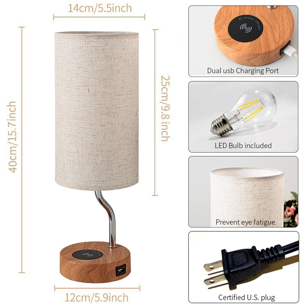 Bedside Table Lamp with Wireless Charger & USB Port - Touch Control LED Desk Lamp for Bedroom, 3-Way Dimmable Wooden Nightstand Lamp with Fabric Shade for Living Room, Kid's Room, Dorm, or Office