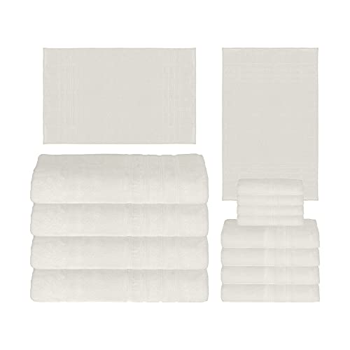 Mosobam Hotel Luxury Bamboo Viscose-Cotton, 14pc Deluxe XL Bath Bundle 1000 GSM XL Bath Mats 28X44 and 700 GSM Bath Towels at 35X70 16X30 and 13X13, White