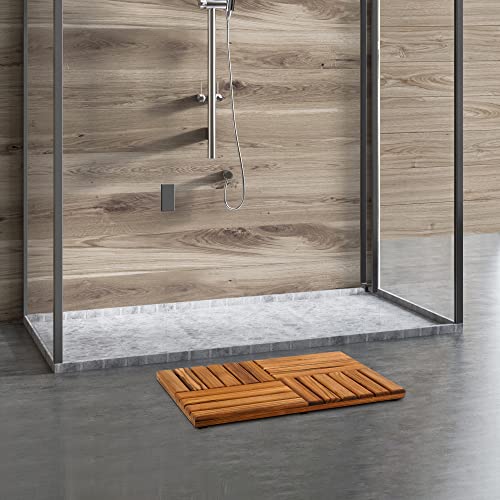 Utoplike Teak Wood Shower Caddy Corner 3 Tier Standing Shower Organizer and 24 x 16 inch Teak Wood Bath Mat