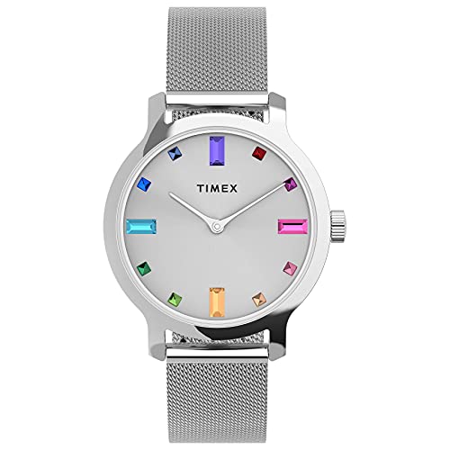 Timex Women's Transcend 31mm Watch – Silver-Tone Case Silver-Tone Dial with Multicolored Stones & Stainless Steel Mesh Bracelet