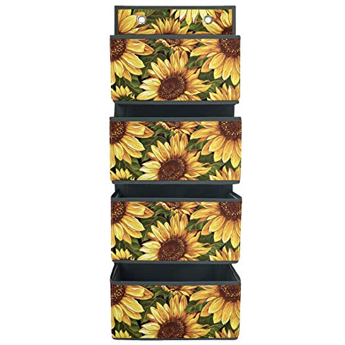UNICEU Yellow Sunflower Wall Mounted Storage Bag Over The Door Storage Pouch with 4 Pockets 2 Hocks Door Closet Hanging Storage Bags Organizer